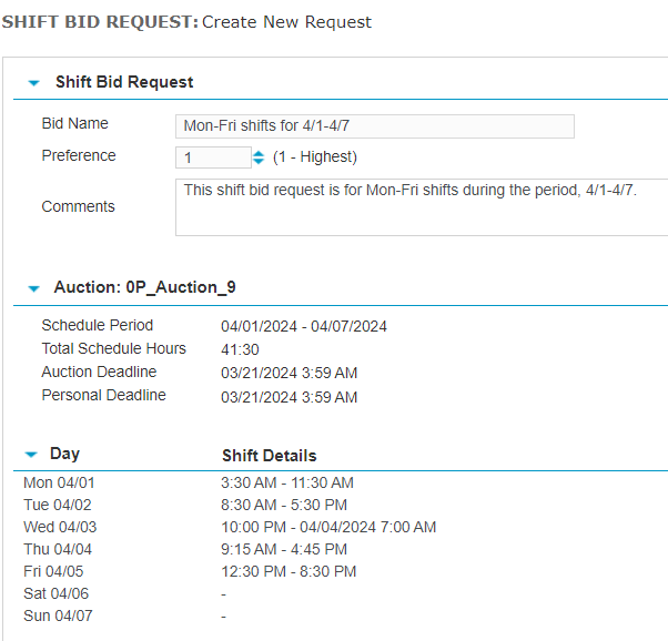 Submit a single shift bid request for a Combination of Individual ...