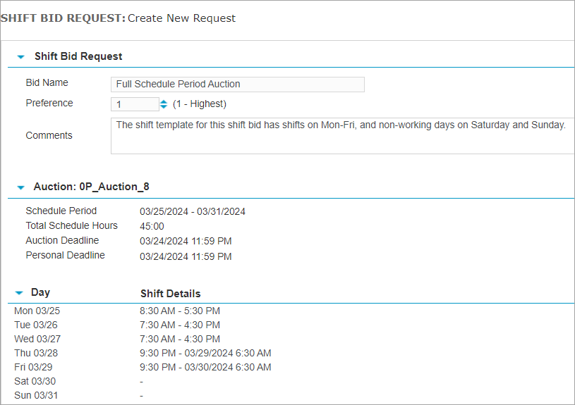 Submit a single shift bid request for a Full Schedule Period auction