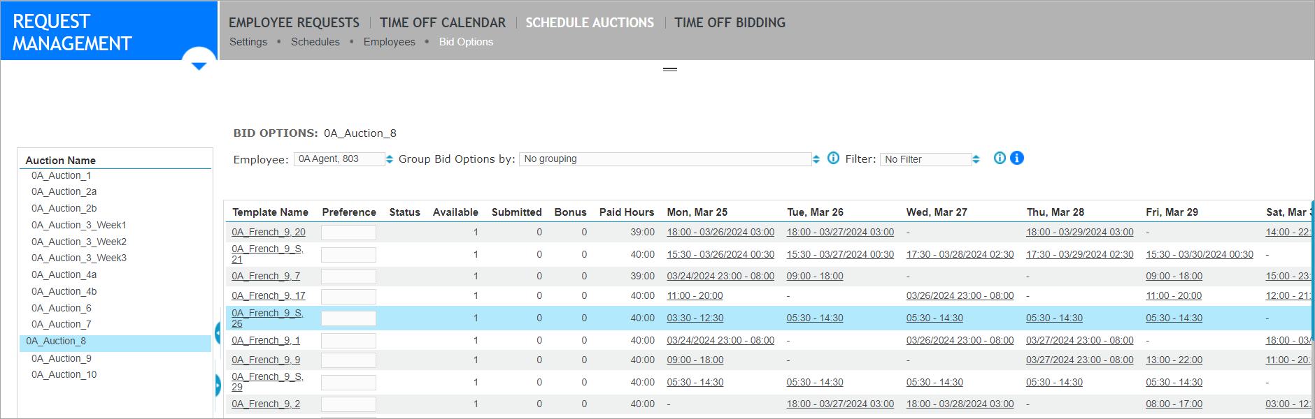 Submit a single shift bid request for a Full Schedule Period auction ...