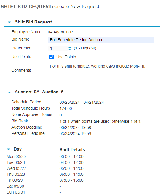 Submit a single shift bid request for a Full Schedule Period auction (for employees)