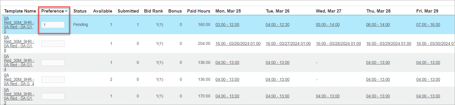 Submit a single shift bid request for a Full Schedule Period auction ...