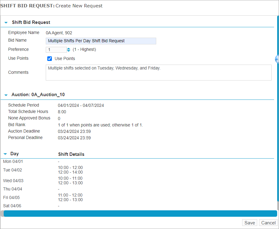 Submit a single shift bid request for a Multiple Shifts per Day auction ...